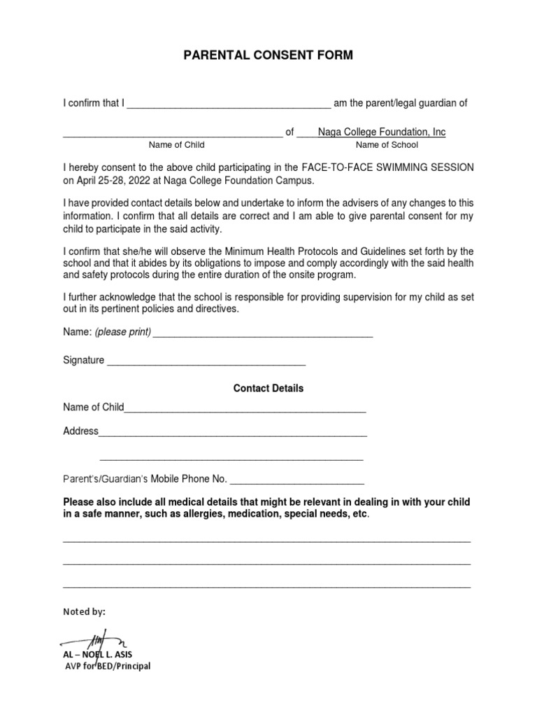 Swimming Consent Form for Parents | PDF | Wellness