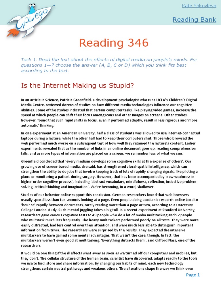 Reading 346: Is The Internet Making Us Stupid? | PDF | Thought | Mind