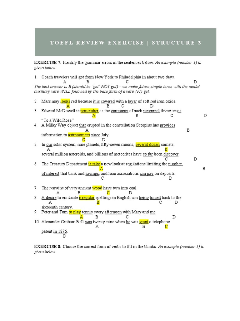 Identifying Grammar Errors in TOEFL Review Exercises | PDF | Solar ...