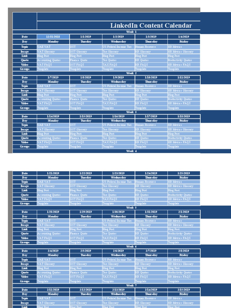 LinkedIn Content Calendar Excel Template | PDF | Value Added Tax | Taxes