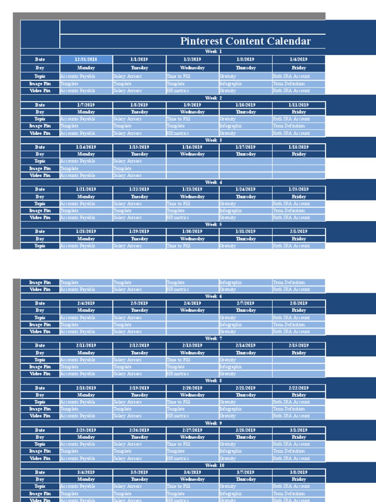 Pinterest Content Calendar Excel Template | PDF