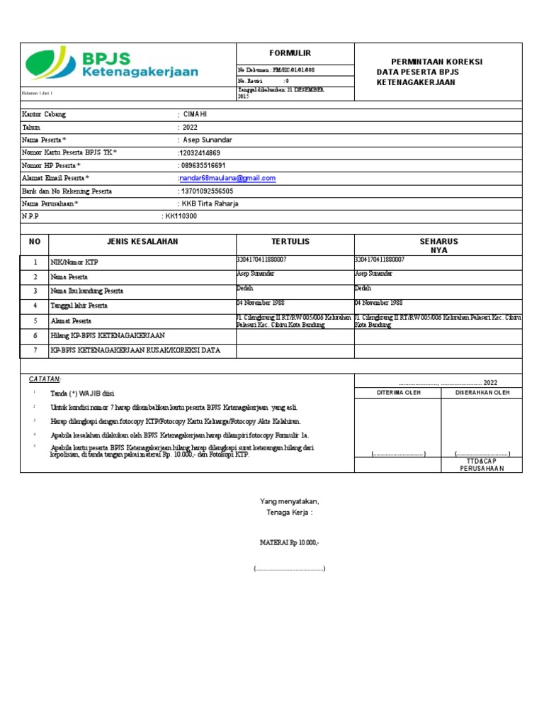Formulir Koreksi Data 2022 | PDF