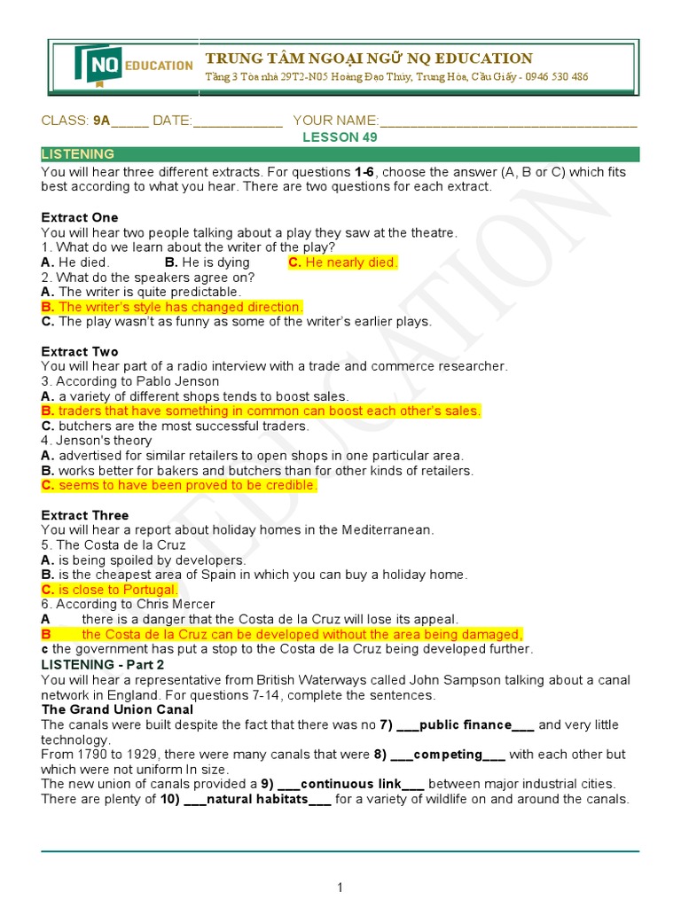 9A L49 Phiếu BT | PDF | Literacy | Paint