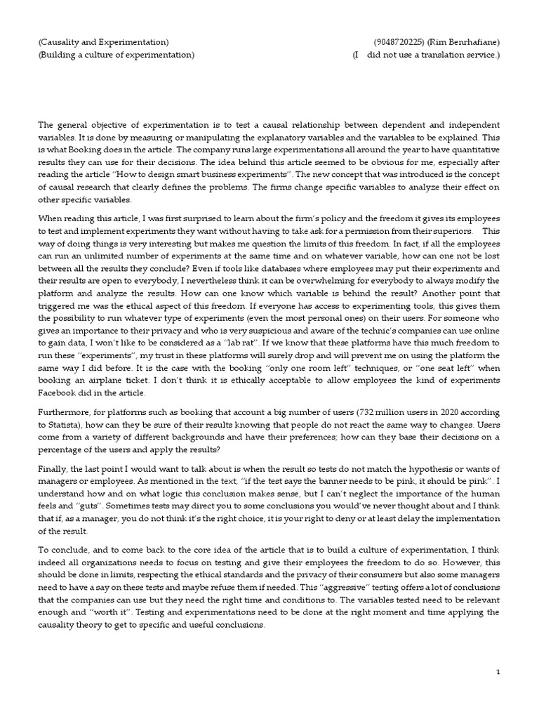 Experimentation Essay | PDF | Experiment | Causality