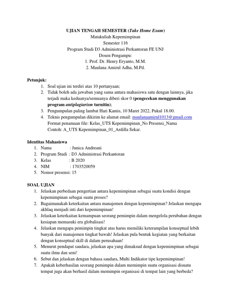 B - UTS Kepemimpinan - 15 - Junica Andreani | PDF