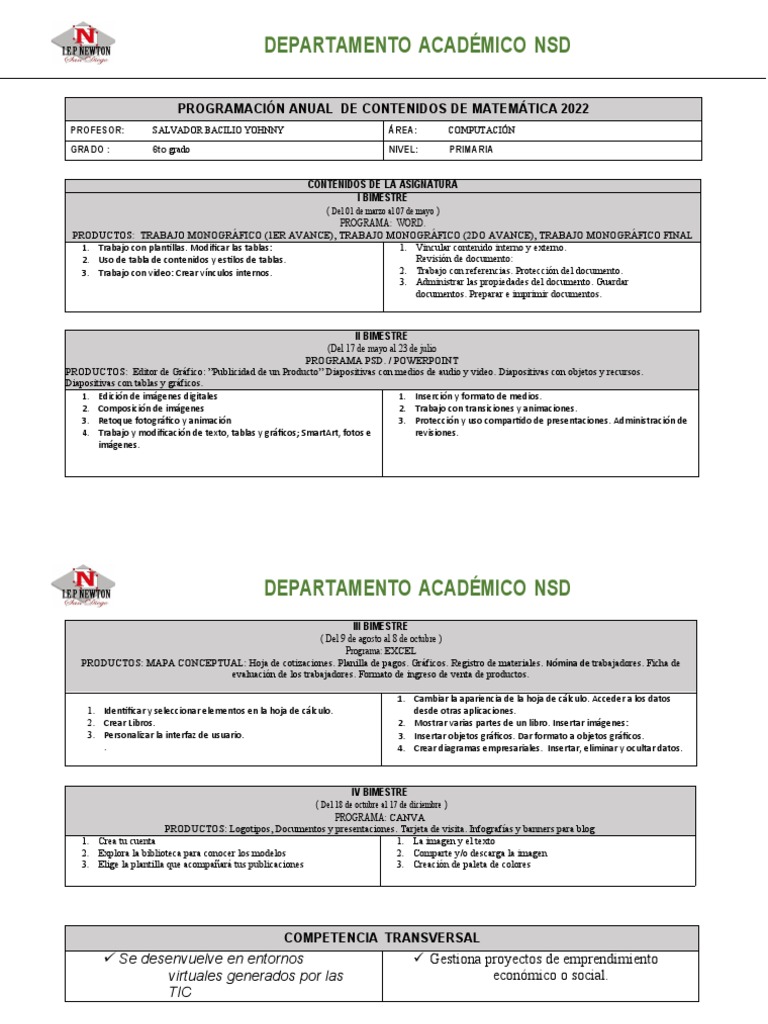 6to Grado Programación Anual Computacion | PDF | Microsoft PowerPoint | Ciencias de la Computación