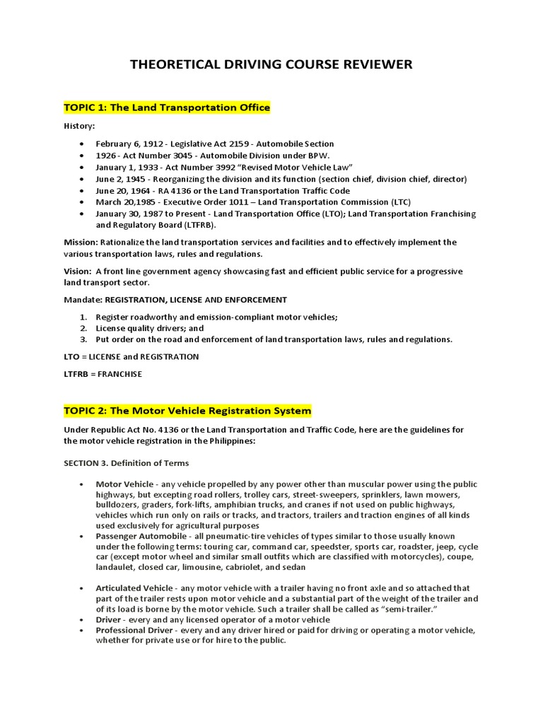 Theoretical Driving Course Reviewer | PDF | Transport | Vehicles