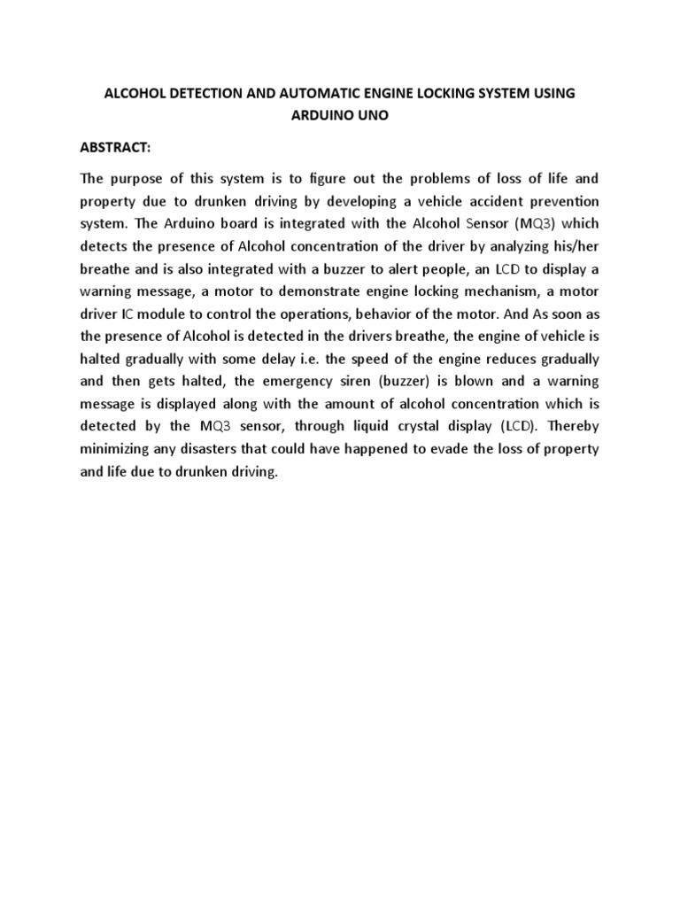 Alcohol Detection And Automatic Engine Locking System Using Arduino Uno Pdf Internet Of