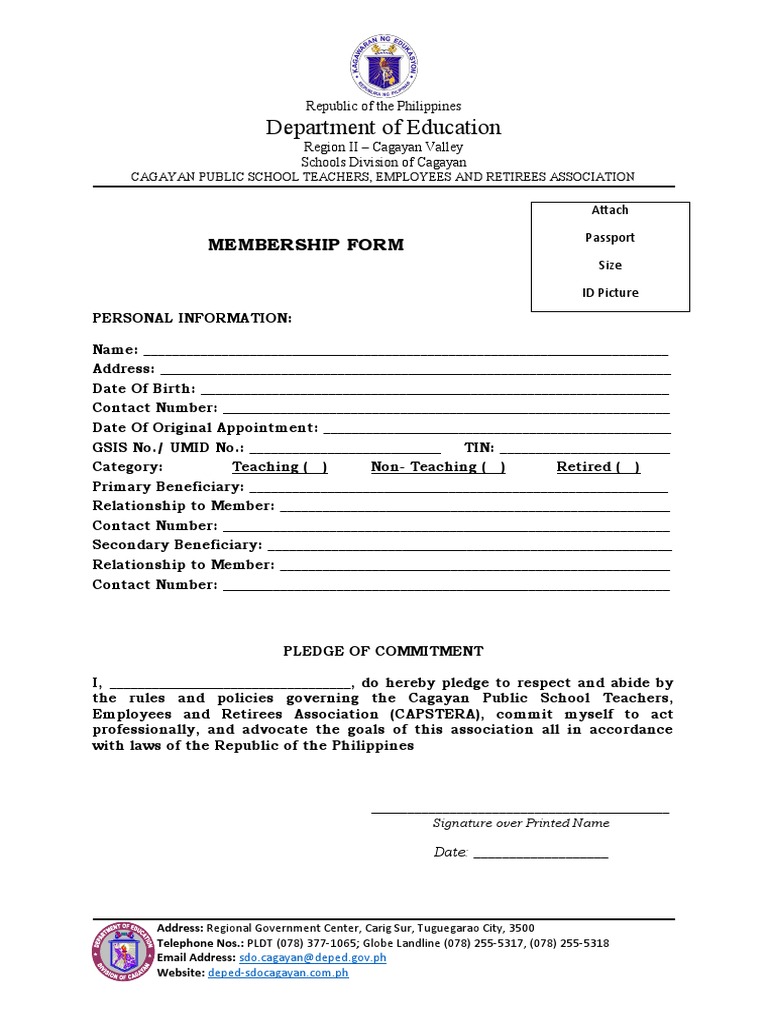Department of Education: Membership Form | PDF | Government And ...