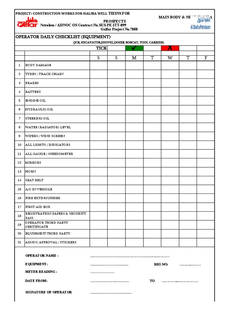 Operators Daily Checklist (Equipment) | PDF