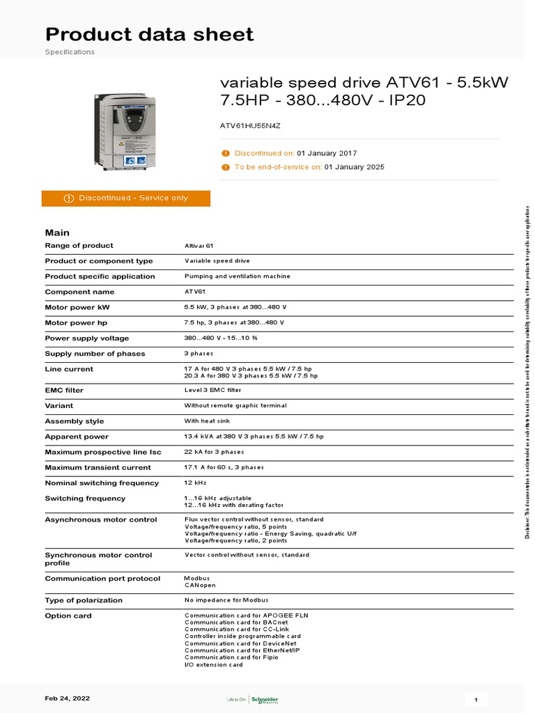 Product Data Sheet: Variable Speed Drive ATV61 - 5.5kW 7.5HP - 380 ...