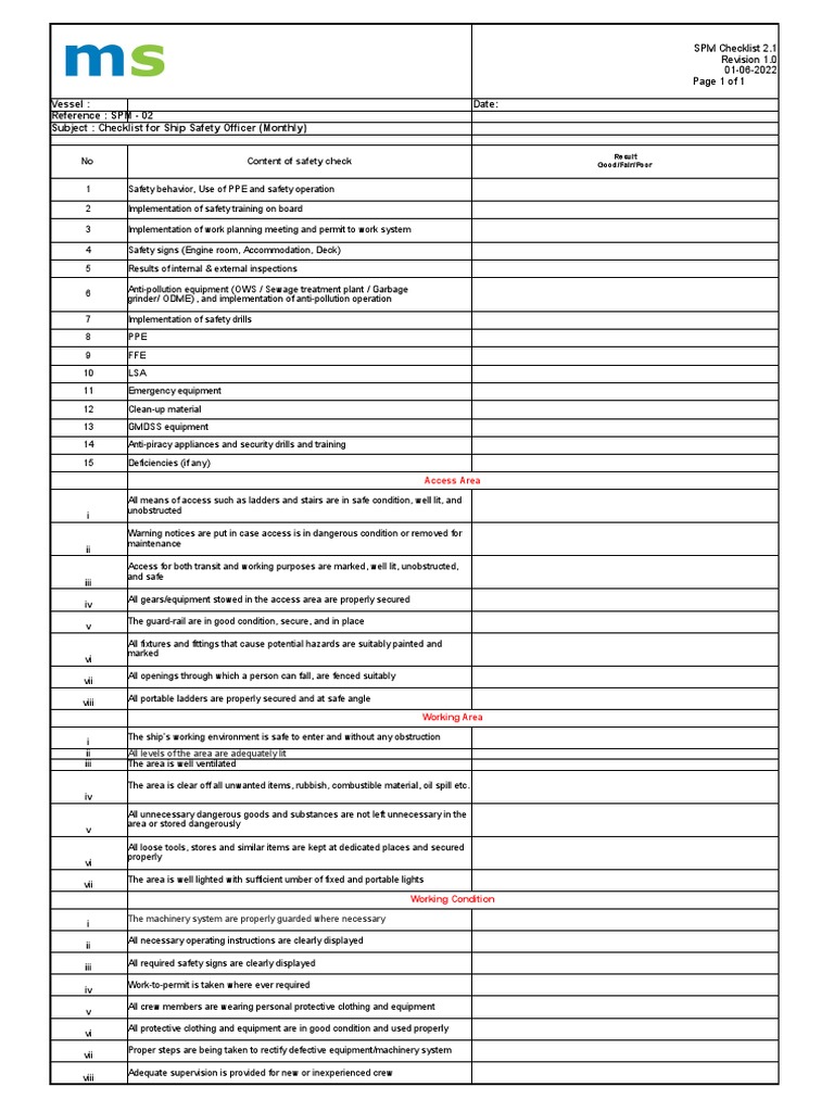 SPM Checklist 2.1 - Checklist For Safety Officer | PDF | Microsoft Excel