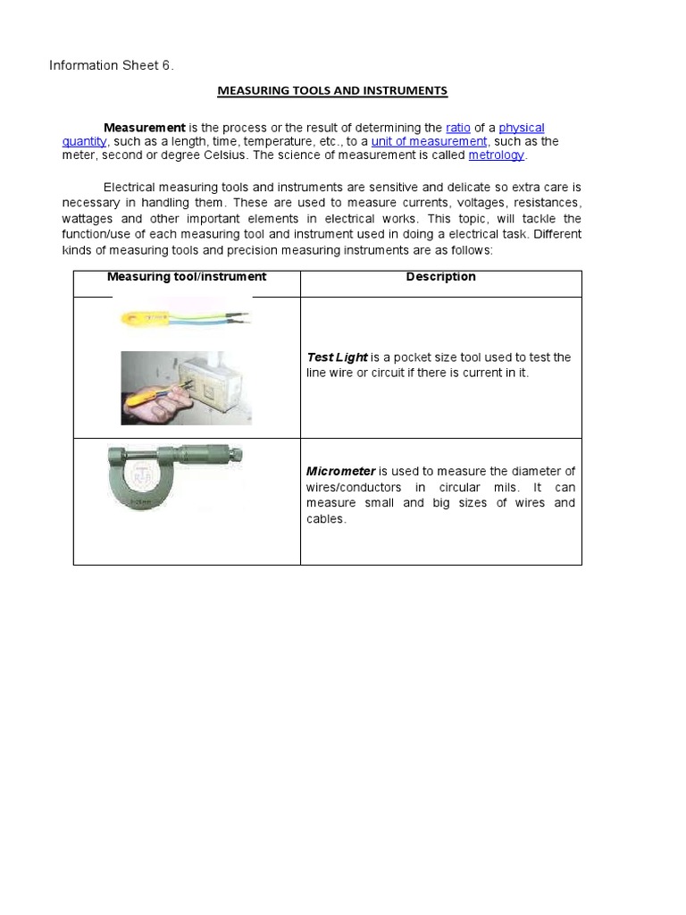 Info. Sheet 6 (ELECTRICAL MEASURING TOOLS) | PDF | Measurement ...