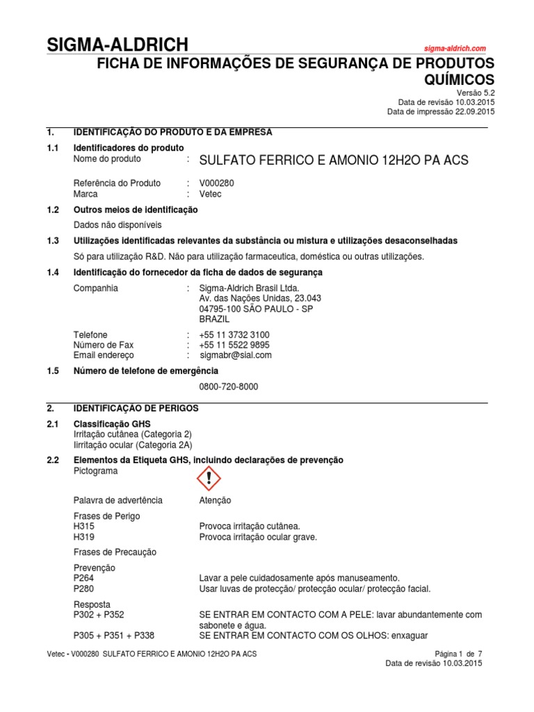 R117 - Sulfato Ferro Iii e Amonio - Sigma | PDF | Desperdício | Química