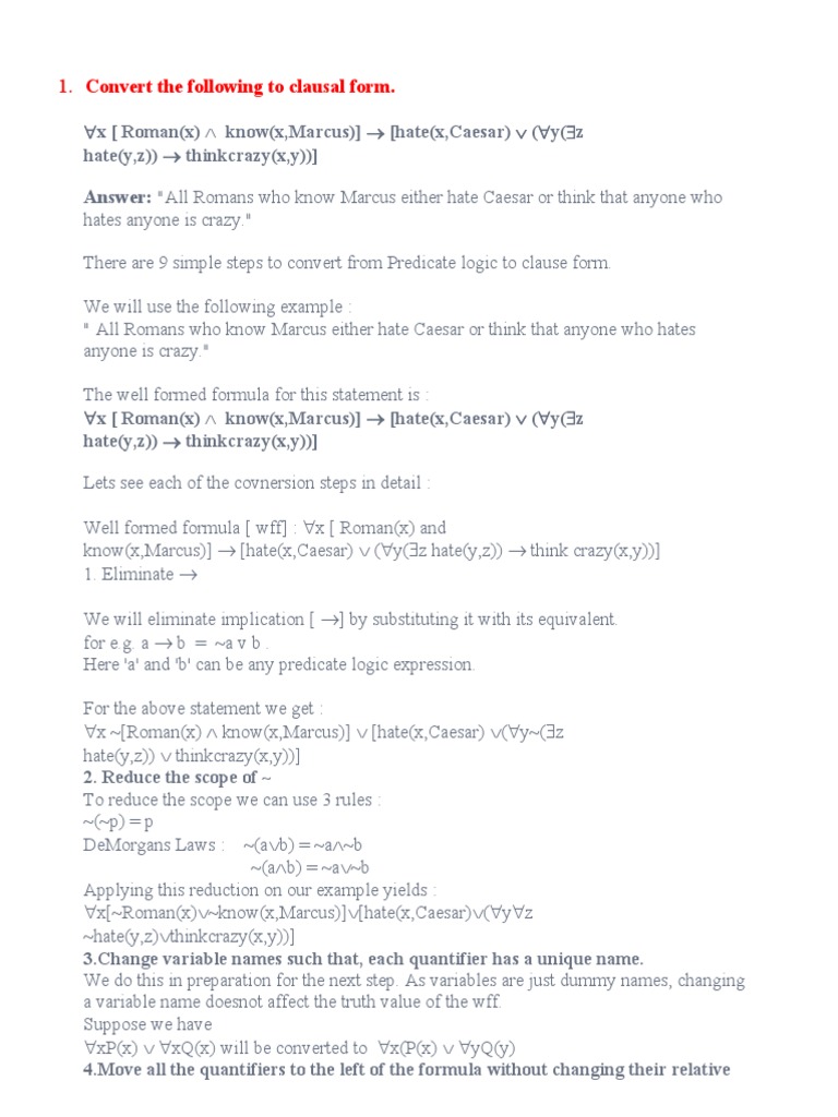 Answer:: Convert The Following To Clausal Form | PDF | Theoretical Computer Science | Metalogic