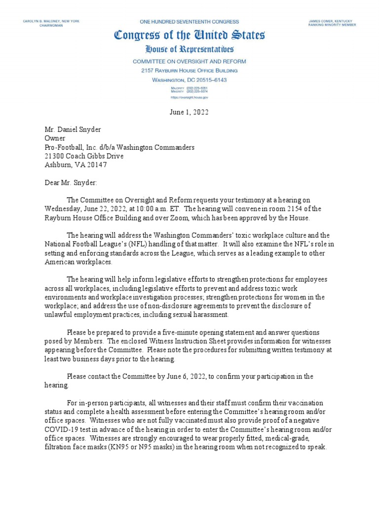 House Oversight Committee Letter To Dan Snyder | PDF | Smartphone ...