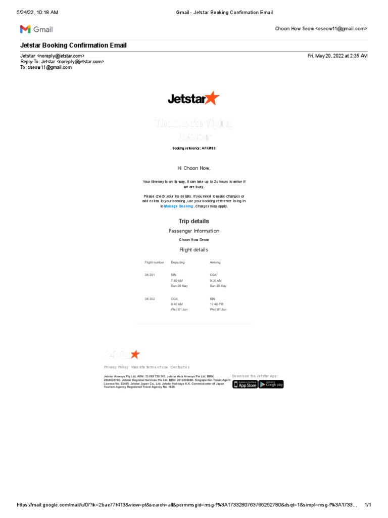 Gmail - Jetstar Booking Confirmation Email | PDF | Aviation | Airlines