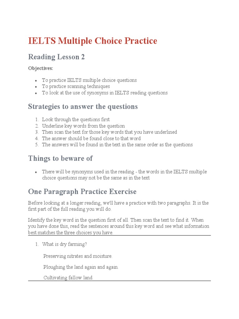 Ielts Multiple Choice Practice Reading Lesson 2 Pdf Agriculture