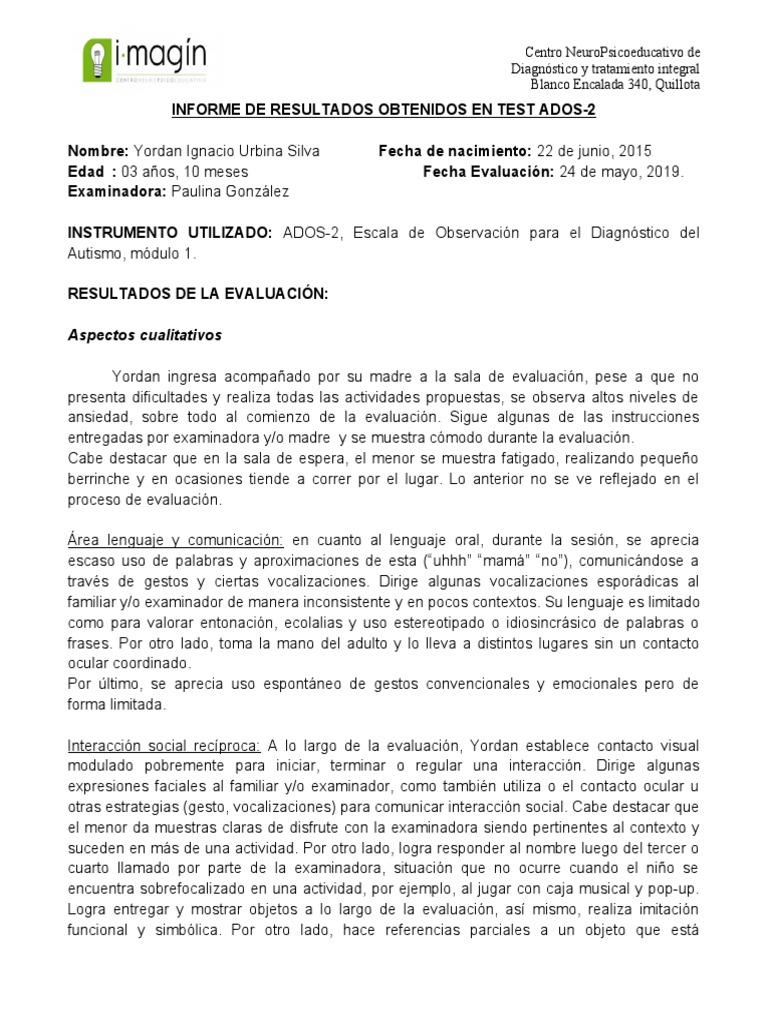 Modelo de Informe ADOS2 | PDF | Espectro autista | Evaluación