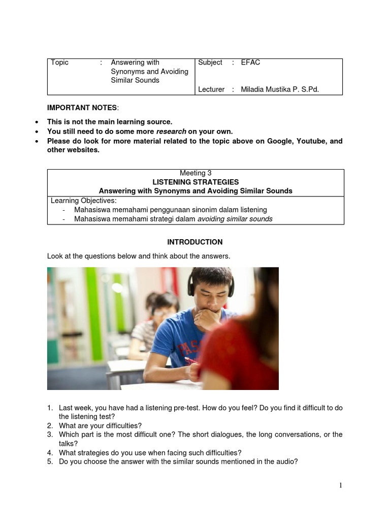Meeting 3-Listening Strategies (Synonyms and Avoiding Similar Sounds ...