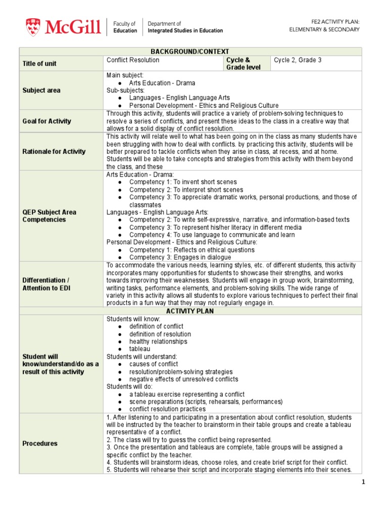 Activity Plan - Conflict Resolution | PDF | Creativity | Conflict ...