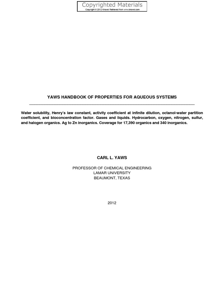 Yaws Handbook: Aqueous Properties Guide | PDF | Solubility | Chemistry