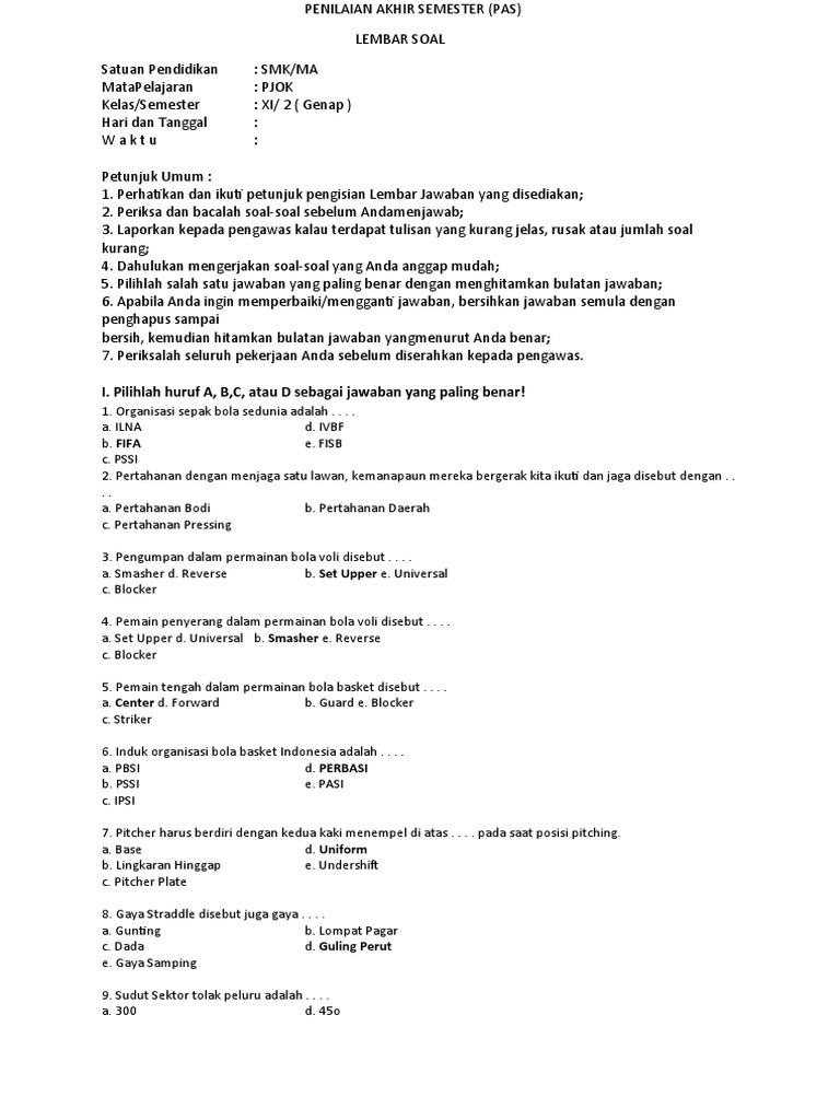 SOAL PJOK KELAS 11 New BARU | PDF | Olahraga & Rekreasi