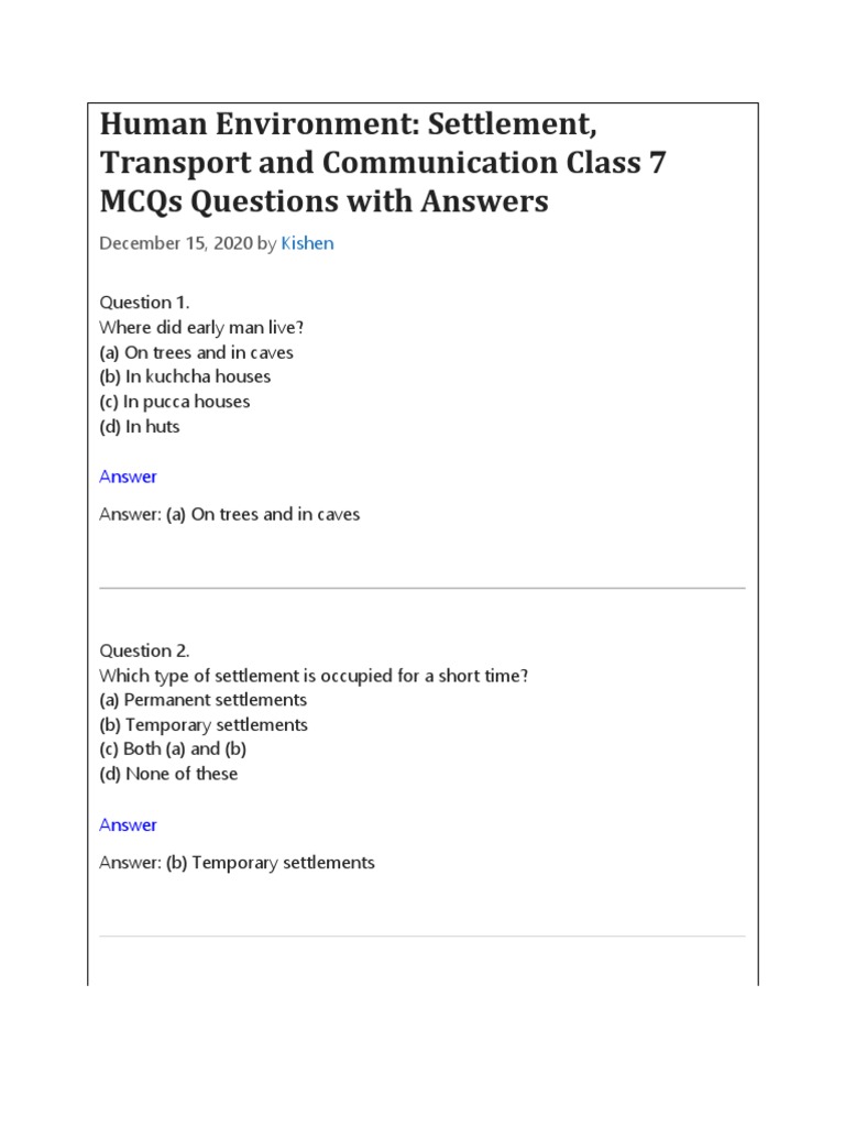 Human Environment: Settlement, Transport and Communication Class 7 Mcqs ...