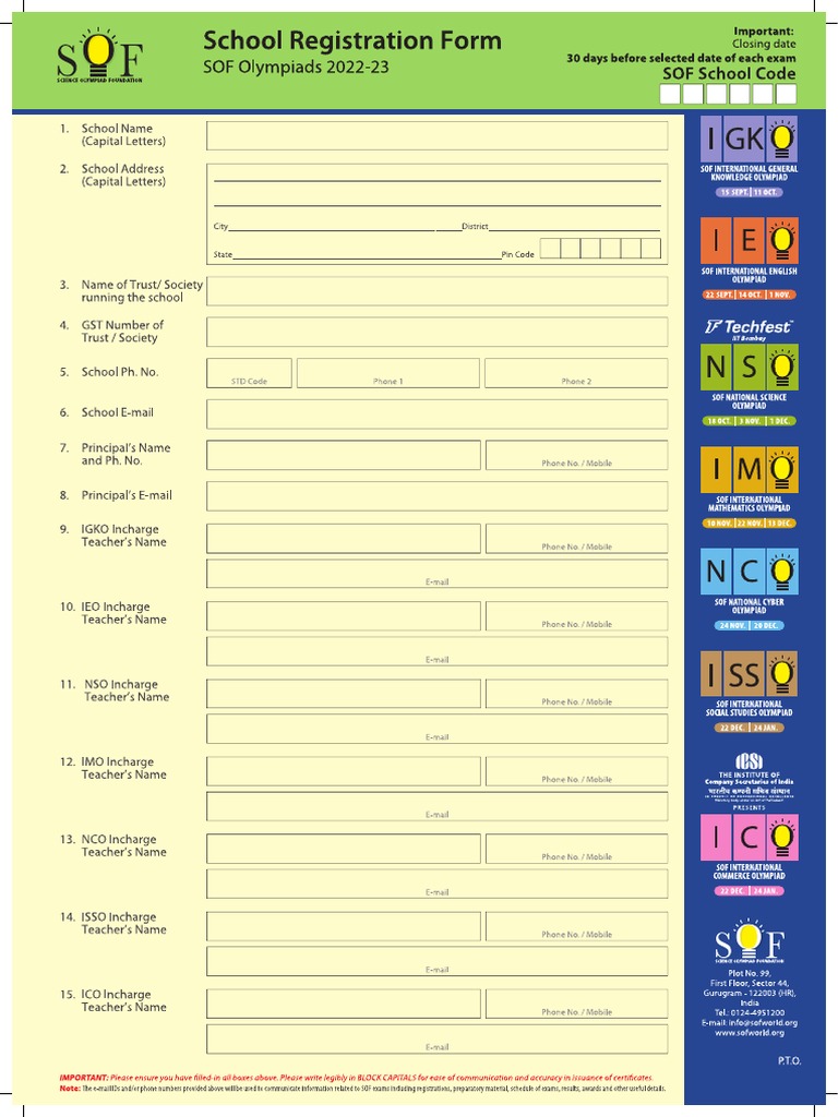 School Registration Form SRF For Schools 2022 | PDF