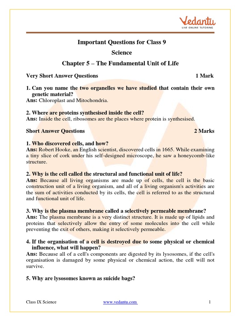 Important Questions For CBSE Class 9 Science Chapter 5 | PDF | Cell ...