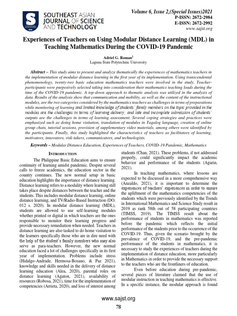 Experiences of Teachers On Using Modular Distance Learning (MDL) in ...