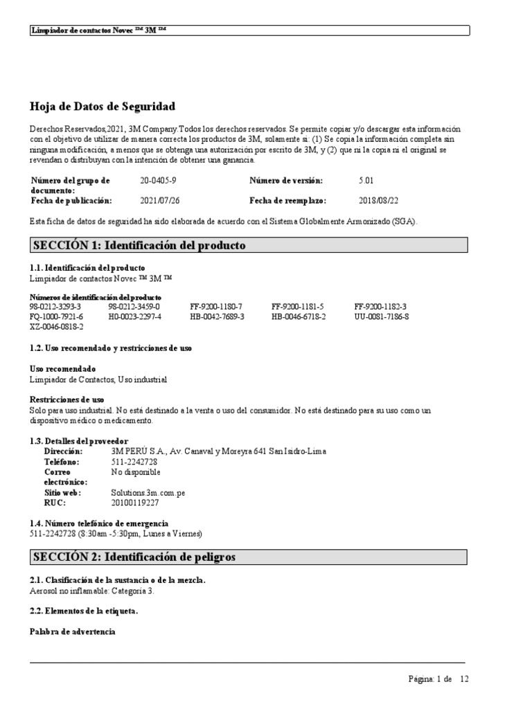 MSDS Limpiador de Contactos | PDF | Contaminación | Mercancías peligrosas