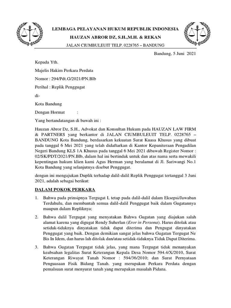 Contoh Surat Replik | PDF | Pengelolaan Keuangan & Uang | Hukum