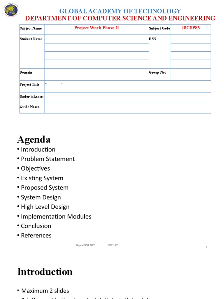 18CSP83 Projectwork Phase 2 Round 1 PPT Template 2021 22 | PDF | System ...