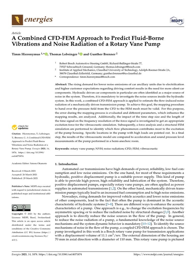 Energies: A Combined CFD-FEM Approach To Predict Fluid-Borne Vibrations and Noise Radiation of A ...