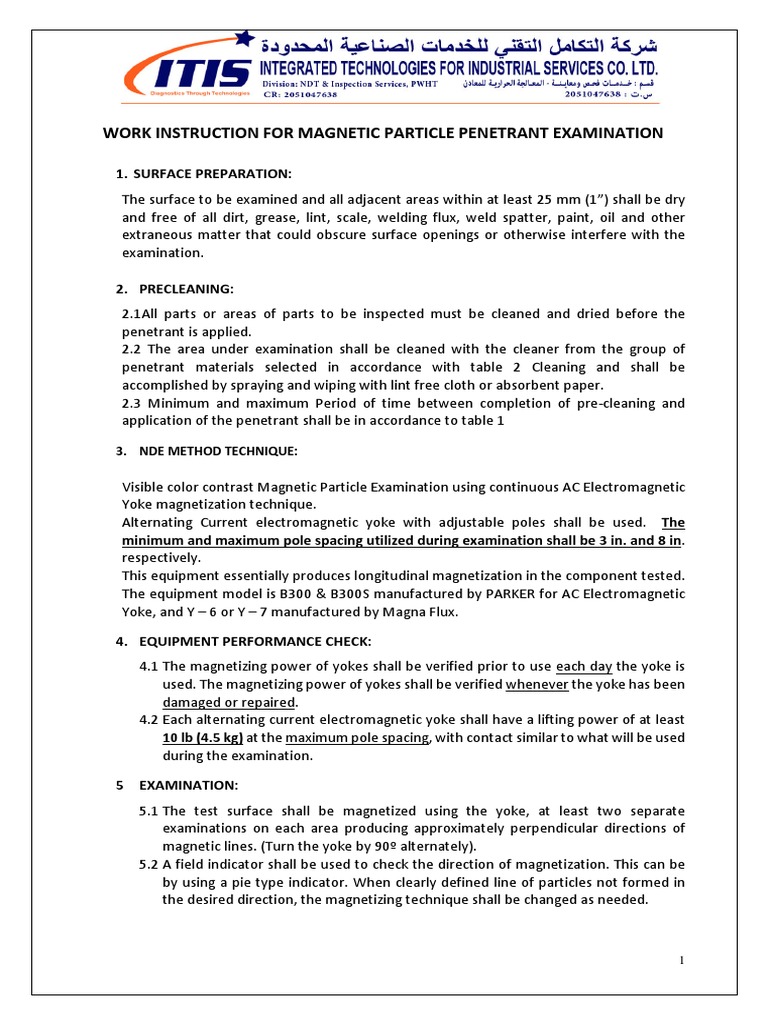 Work Instruction For Magnetic Particle Penetrant Examination | PDF ...