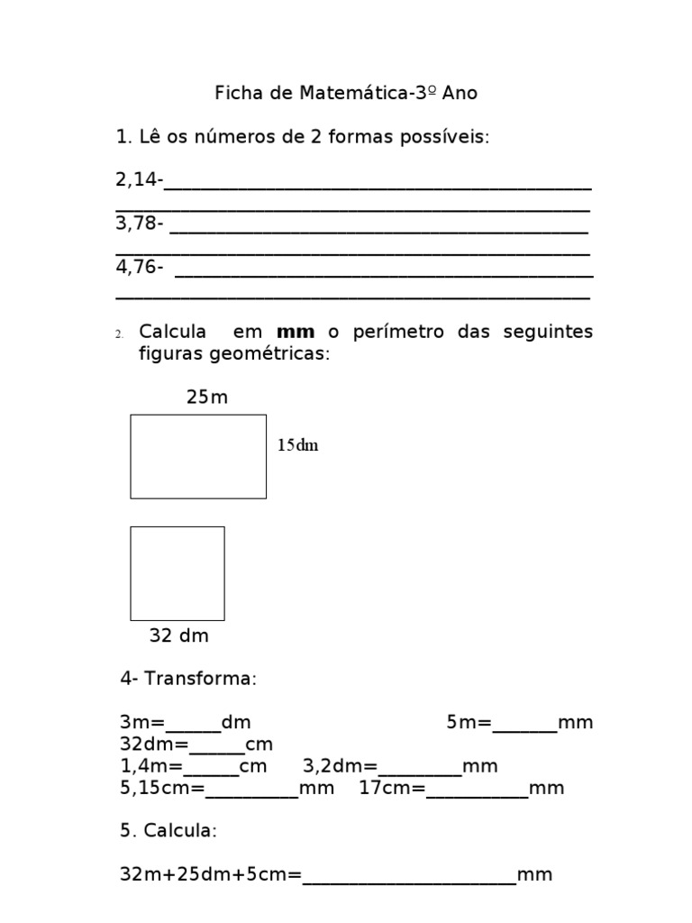 Ficha de Matemática 3º Ano | PDF