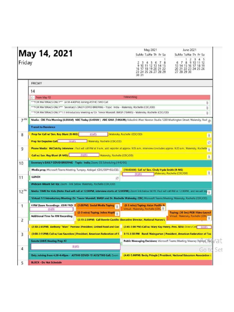 CDC Director Rochelle Walensky's May 14, 2021 Calendar | PDF