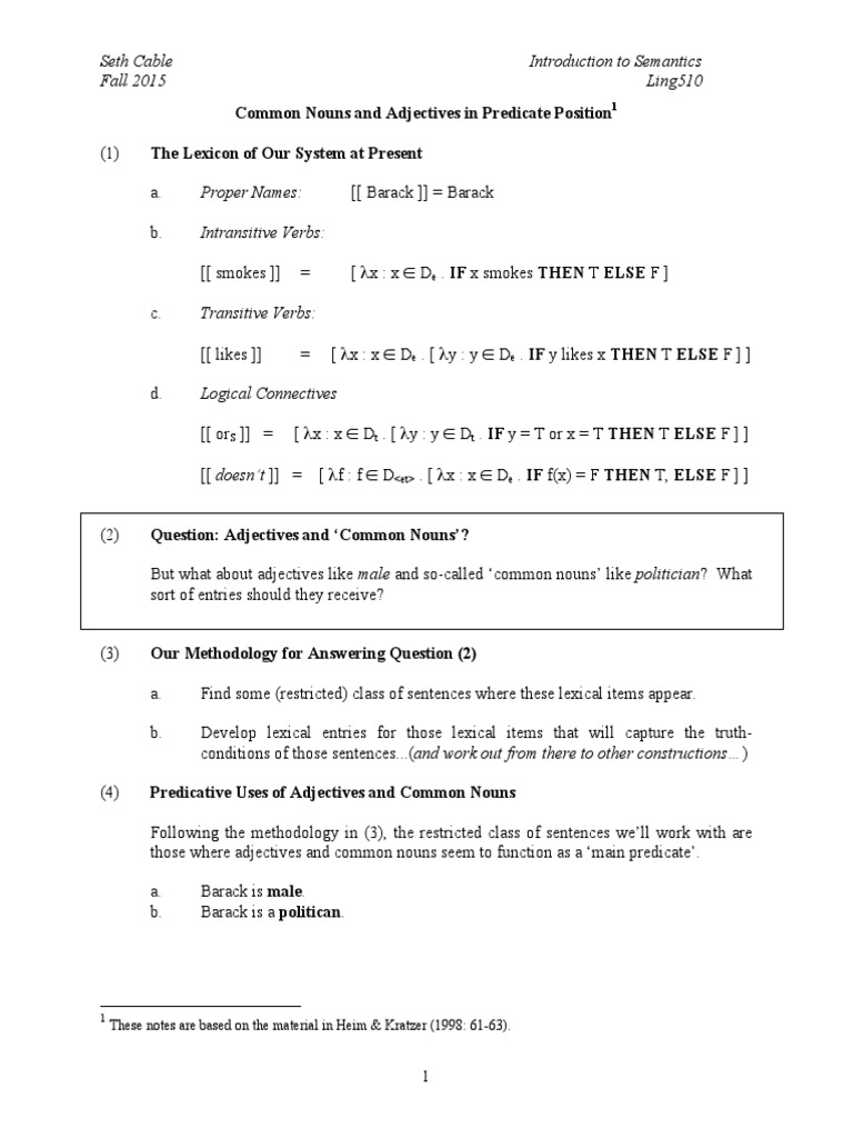 Common Nouns and Adjectives in Predicate Position The Lexicon of Our ...