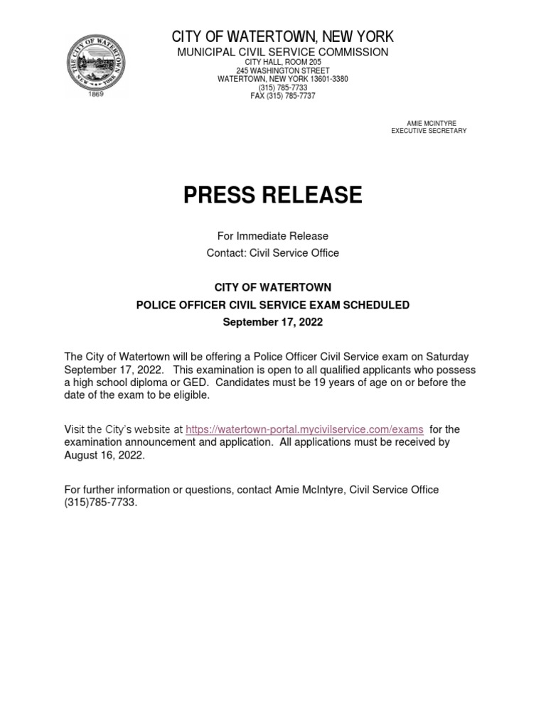 Watertown Police Officer Exam Notice | PDF