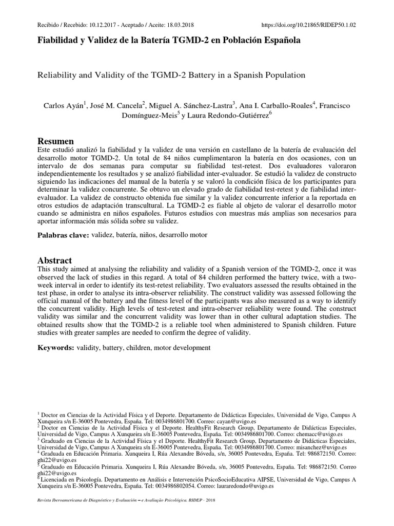 Fiabilidad Test TGMD-2 | PDF | Alfa de Cronbach | Validez (Estadísticas)