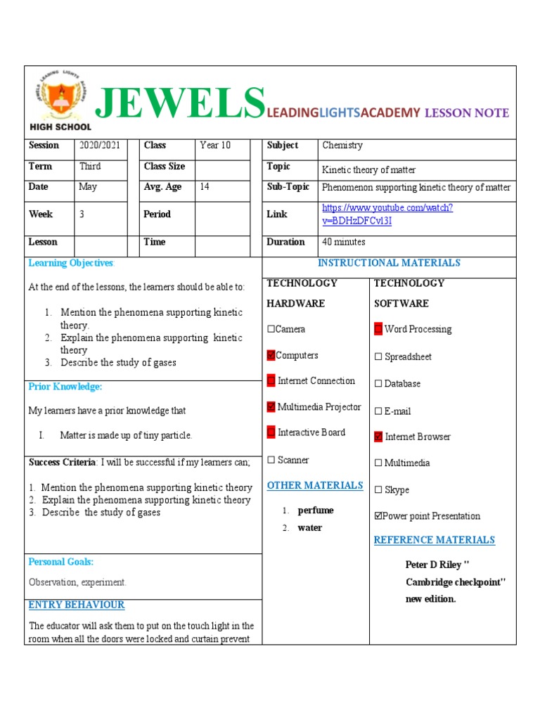 Year 10 Lesson Plan WK 3 | PDF | Gases | Diffusion