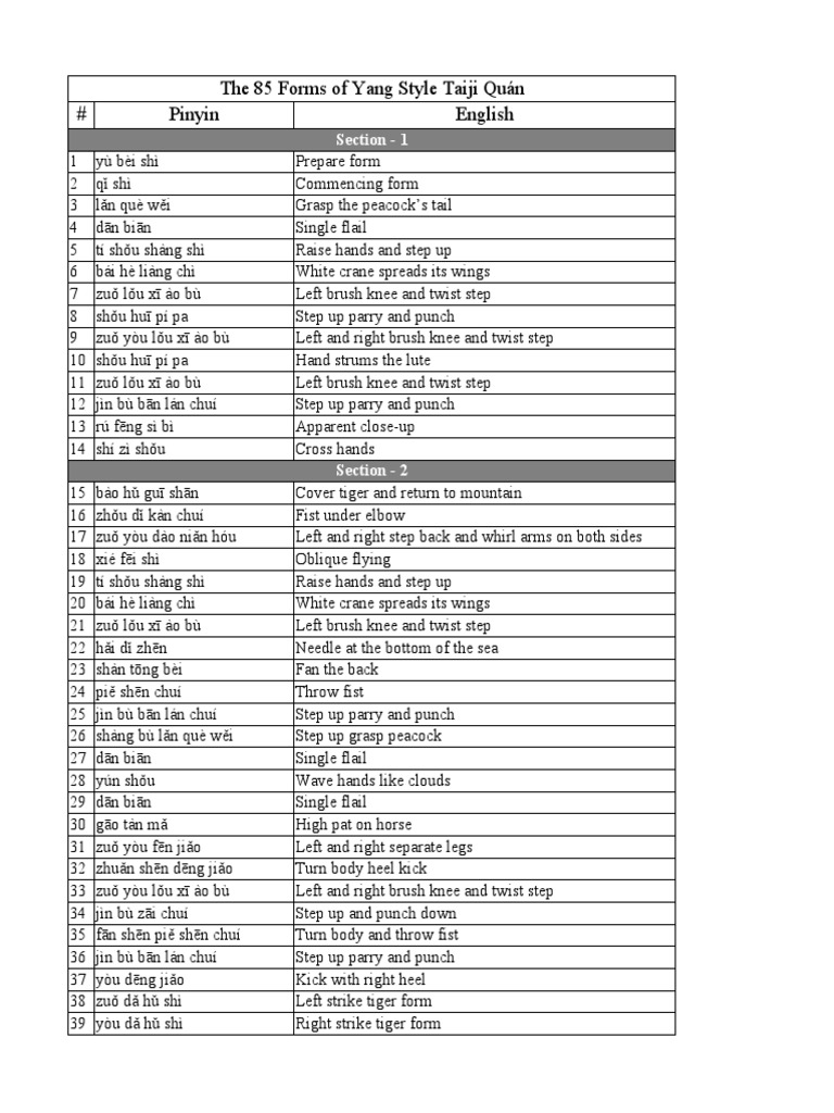 Tai Chi Yang Style 85 Forms List | PDF | Tai Chi | East Asian Martial Arts