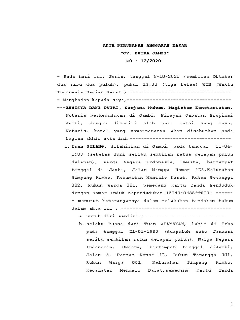 Contoh Akta Perubahan Cv. Putra Jambi | PDF