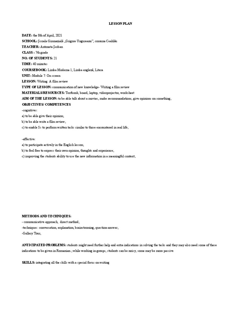 Film Review - Lesson Plan 7th Grade | PDF | Linguistics | Cognition