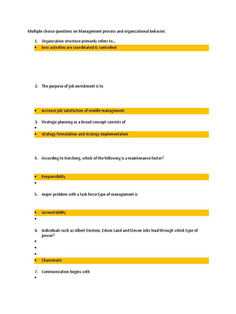 Management Process and Organizational Behavior Multiple Choice Question ...