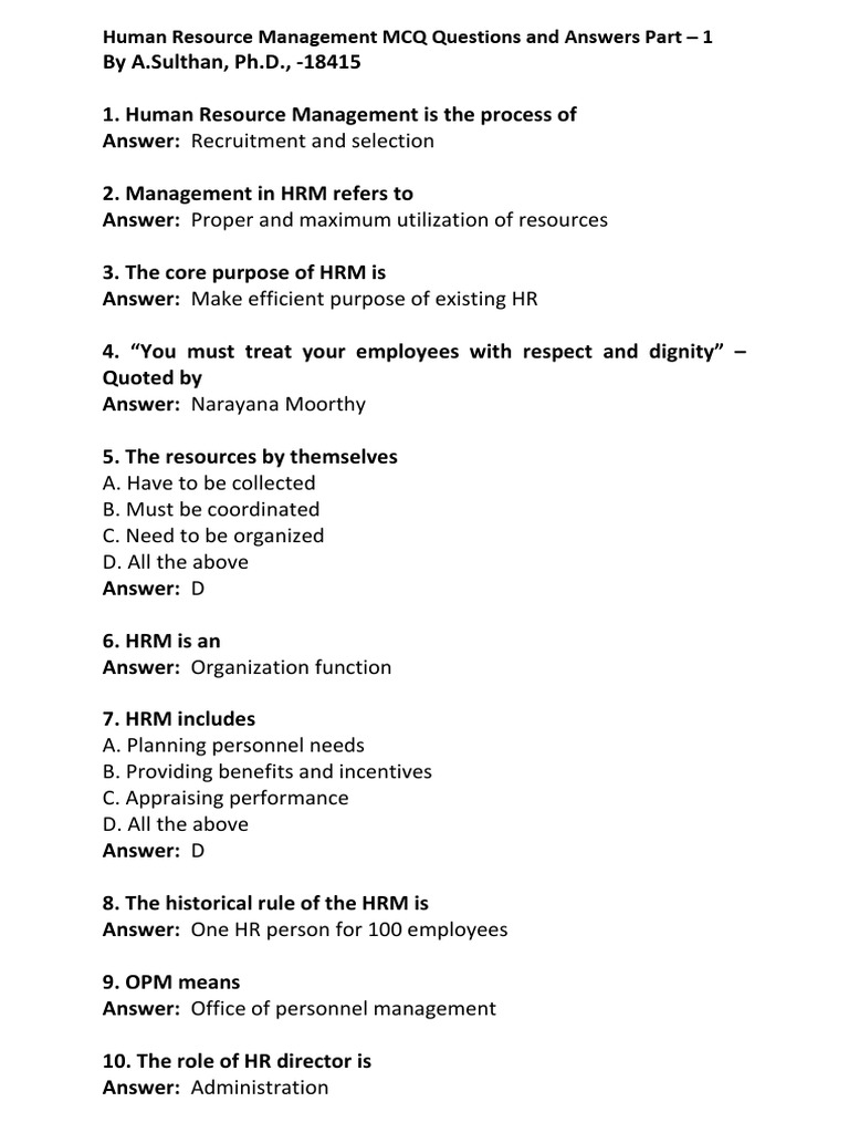 Human Resource Management MCQ Questions and Answers Part - 1 | PDF ...