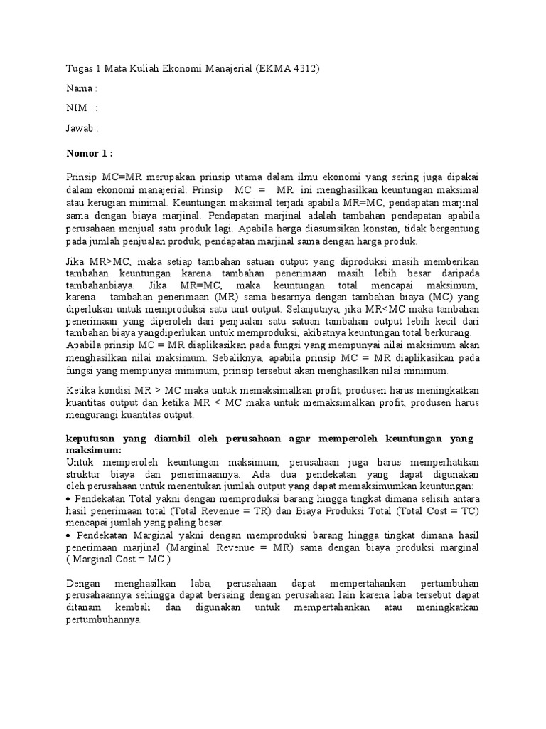 TUGAS 1 - Ekonomi Manajerial - EKMA4312 | PDF