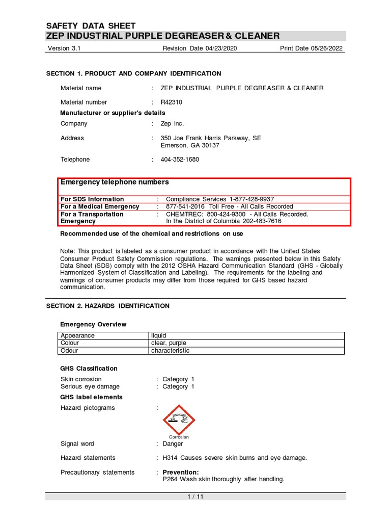 Zep Industrial Purple Degreaser & Cleaner: Safety Data Sheet | PDF ...