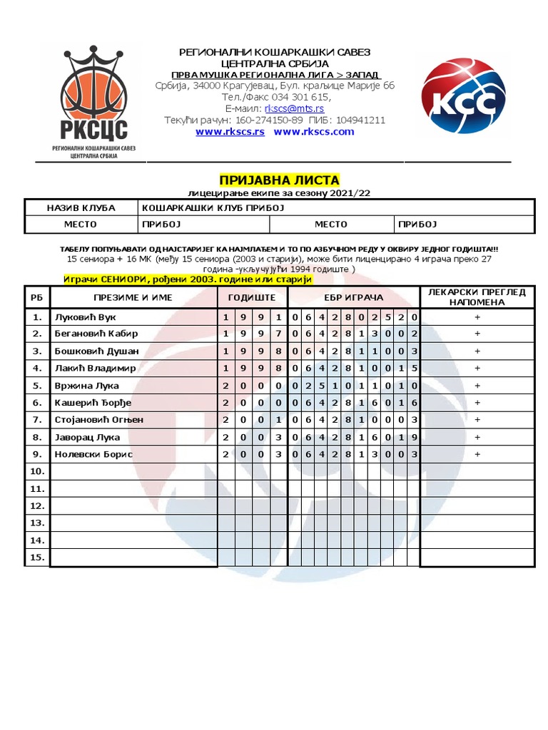 Prijavni List Ekipe Za Takmicenje 2021-22 | PDF